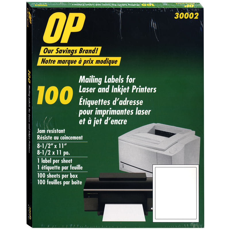 Labels OP Brand Laser Sheet 8-1/2 x 11" Permanent 100/bx - Whitebird